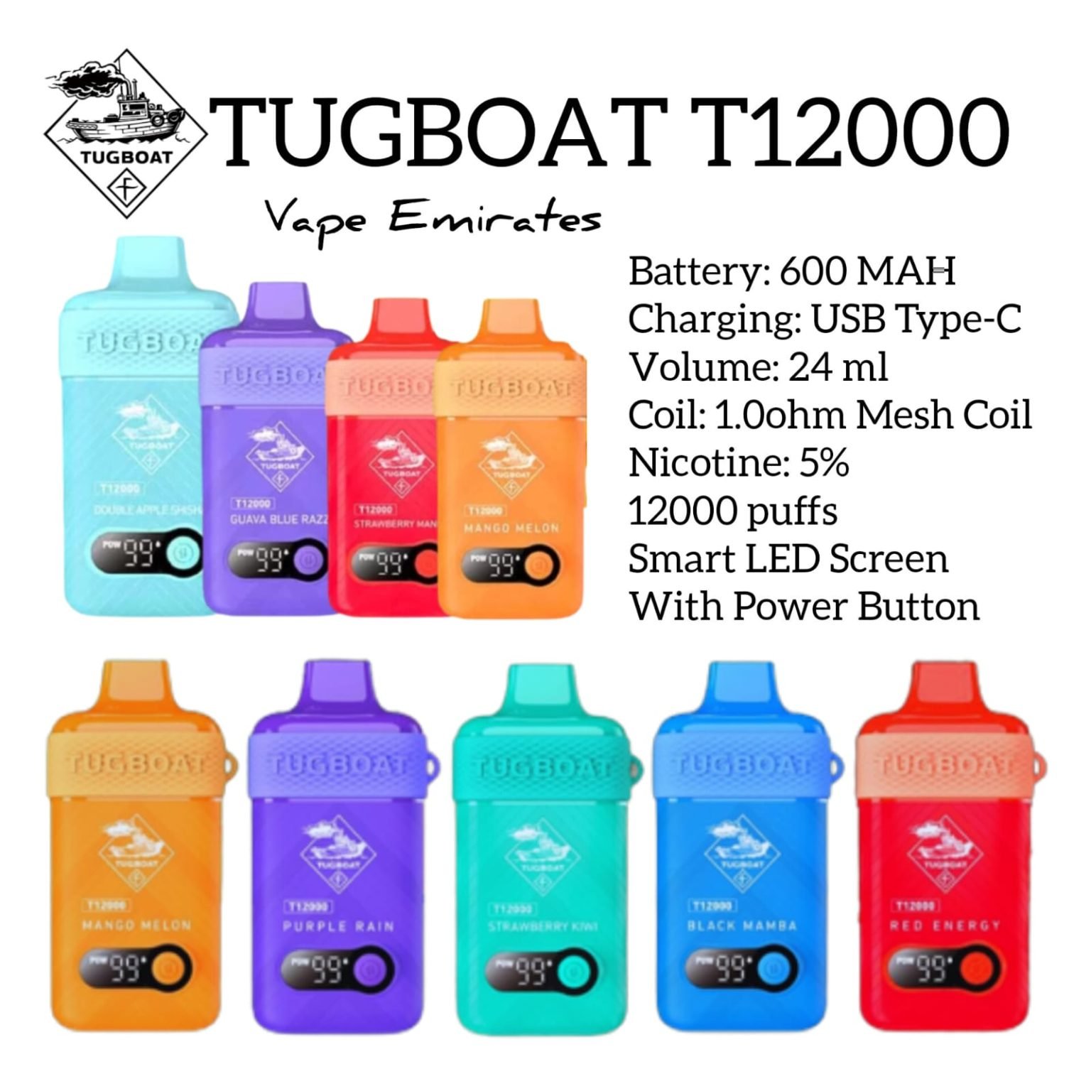 Tugboat T12000 Disposable Vape, 5%/Type-c/LED Display/Vape Emirates!