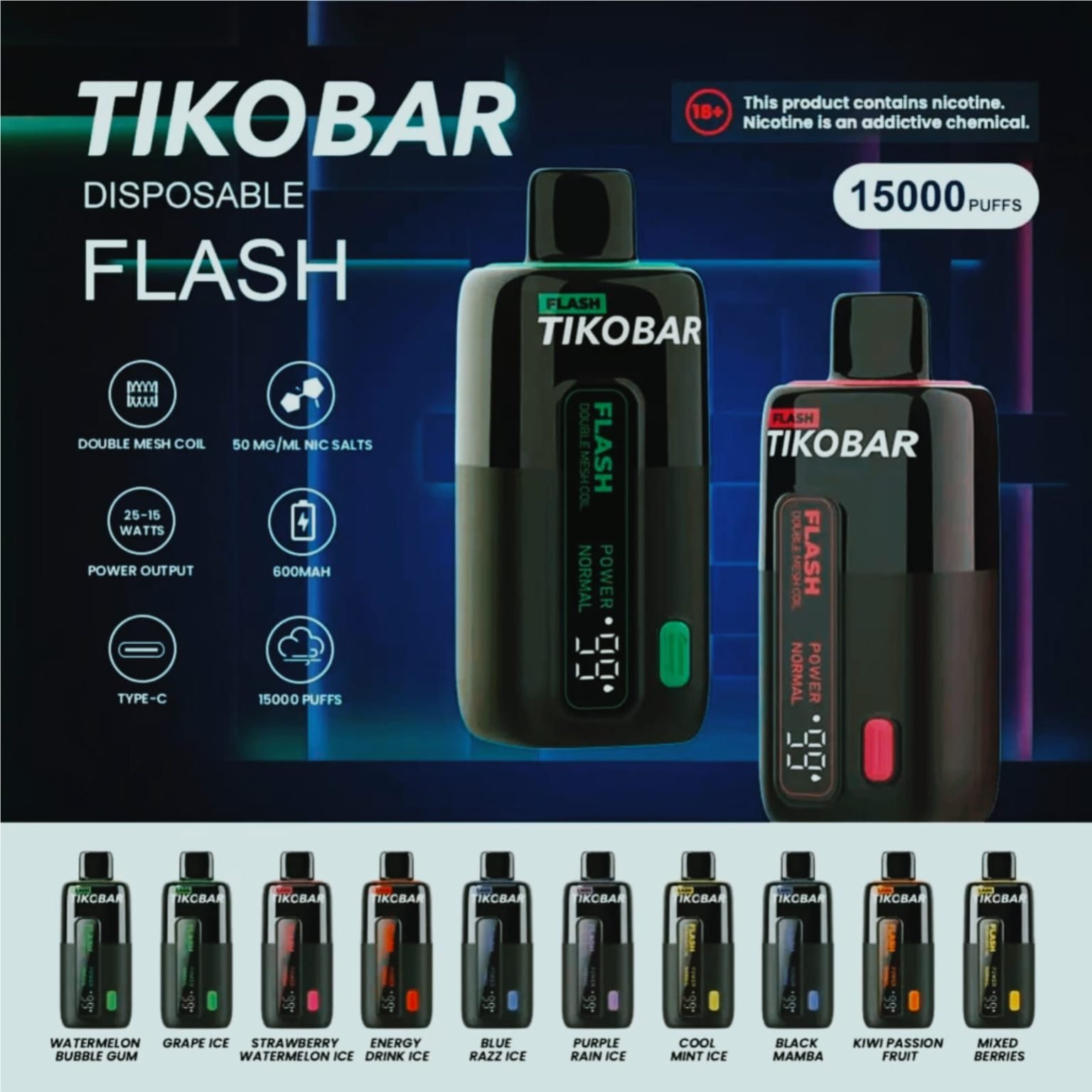 TIKOBAR Flash 15000 Puffs Disposable Vape, Smart With Great Taste.